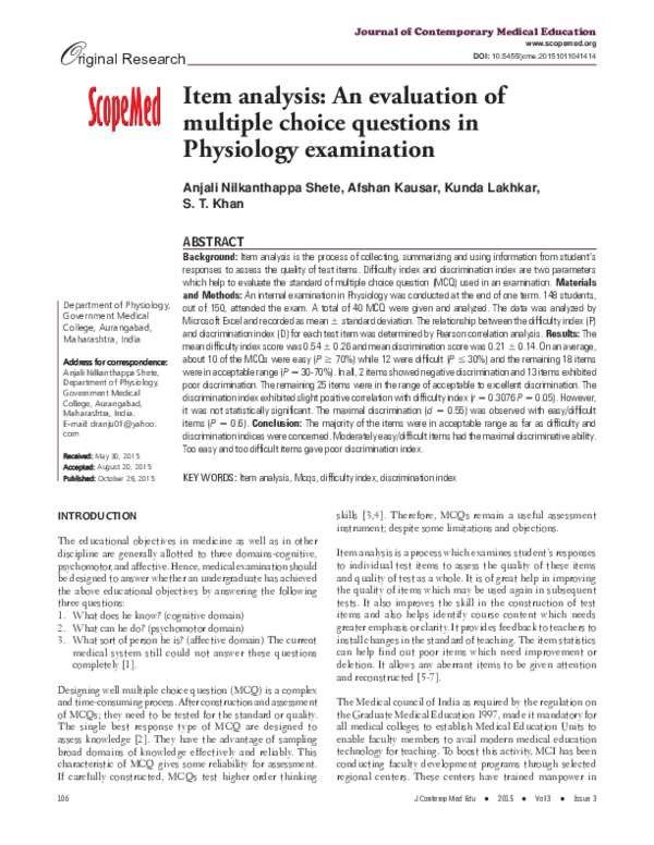 (PDF) Item analysis: An evaluation of multiple choice questions in Physiology examination