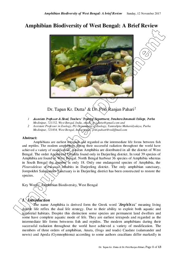 (PDF) Amphibian Biodiversity of West Bengal: A Brief Review