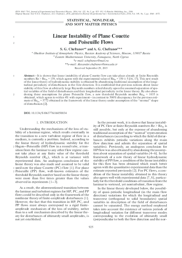 (PDF) Linear Instability of Plane Couette and Poiseuille Flows