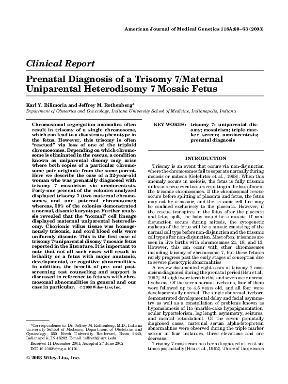 (PDF) Prenatal Diagnosis of a Trisomy 7/Maternal Uniparental ...