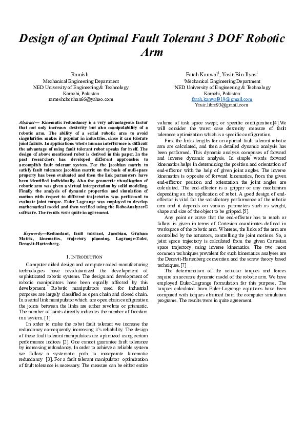(DOC) Design of an Optimal Fault Tolerant 3 DOF Robotic Arm (DOC) Design of an Optimal Fault Tolerant 3 DOF Robotic Arm