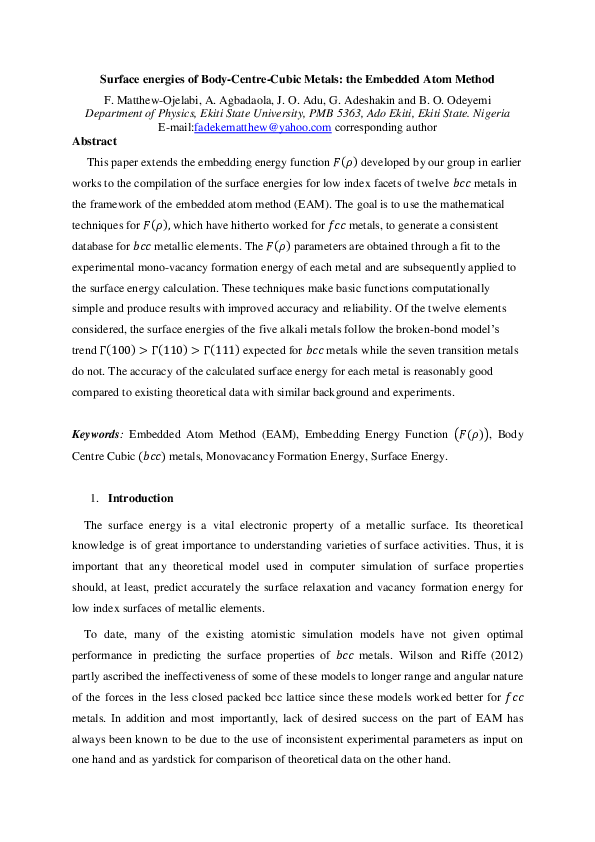 Pdf Surface Energies Of Body Centre Cubic Metals The Embedded Atom Method