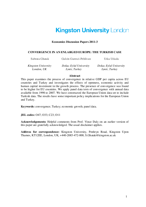 (PDF) CONVERGENCE IN AN ENLARGED EUROPE: THE TURKISH CASE