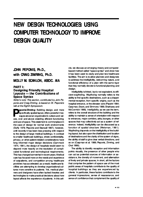 (PDF) Peponis J, Zimring C, 1996, "User friendly hospital layouts. The ...