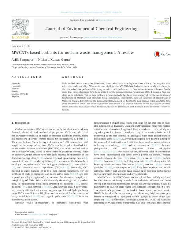 (PDF) MWCNTs based sorbents for nuclear waste management: A review ... (PDF) MWCNTs based sorbents for nuclear waste management: A review ...