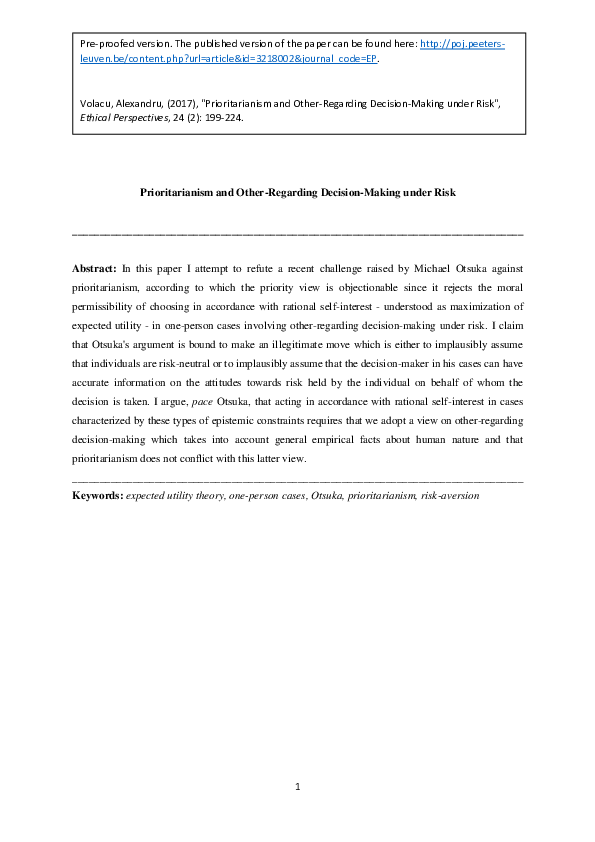 (PDF) Prioritarianism and Other-Regarding Decision-Making under Risk