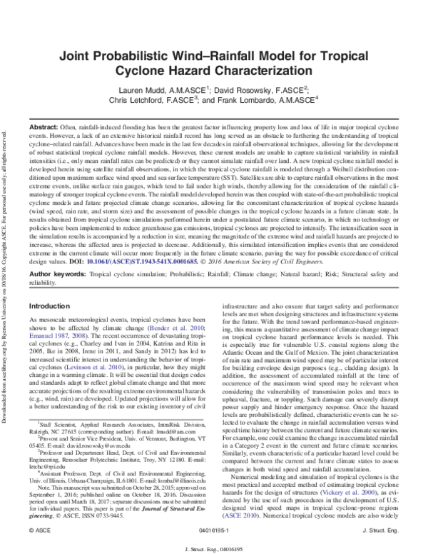 (PDF) Joint Probabilistic Wind–Rainfall Model for Tropical Cyclone Hazard Characterization