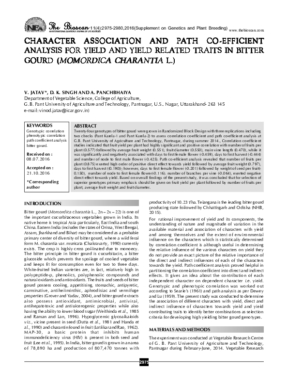 (PDF) CHARACTER ASSOCIATION AND PATH CO-EFFICIENT ANALYSIS FOR YIELD AND YIELD RELATED TRAITS IN ...