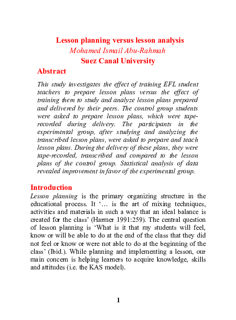 (DOC) Lesson planning versus lesson analysis