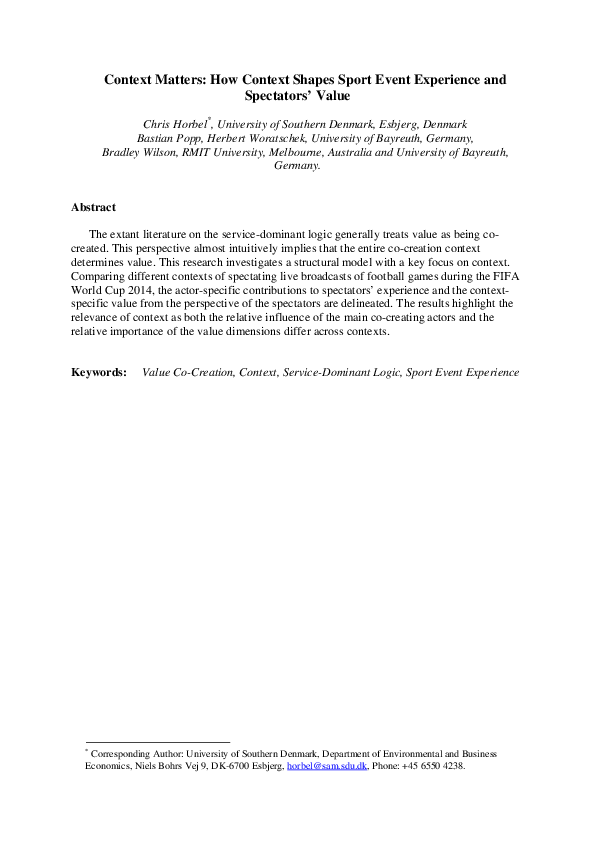 (PDF) Context Matters: How Context Shapes Sport Event Experience and Spectators’ Value