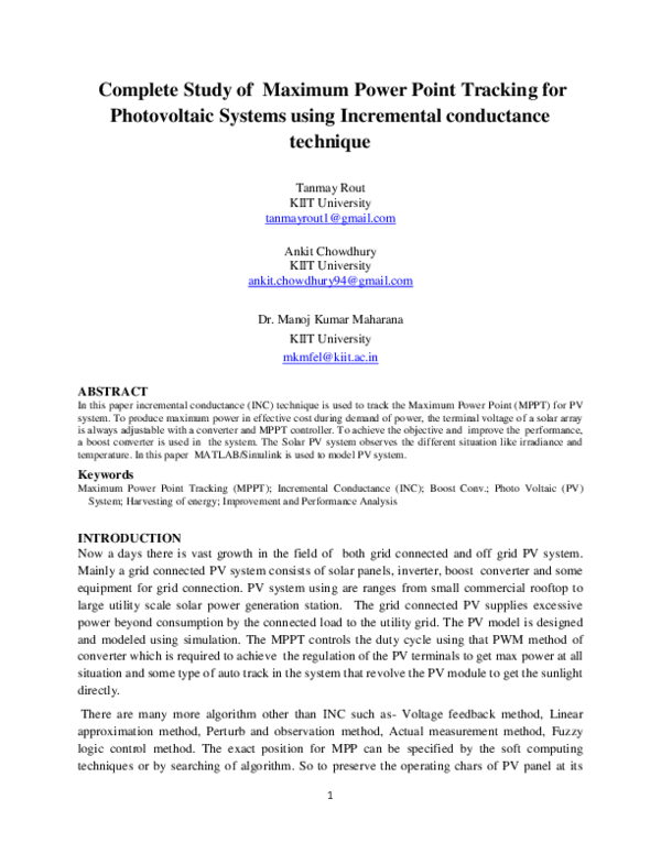 (PDF) Complete Study of Maximum Power Point Tracking for Photovoltaic Systems using Incremental ...