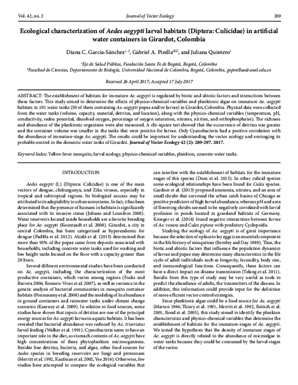 (PDF) Ecological characterization of Aedes aegypti larval habitats (Diptera: Culicidae) in ...