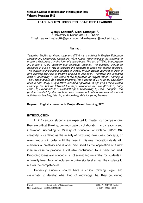 (PDF) TEACHING TEYL USING PROJECT-BASED LEARNING