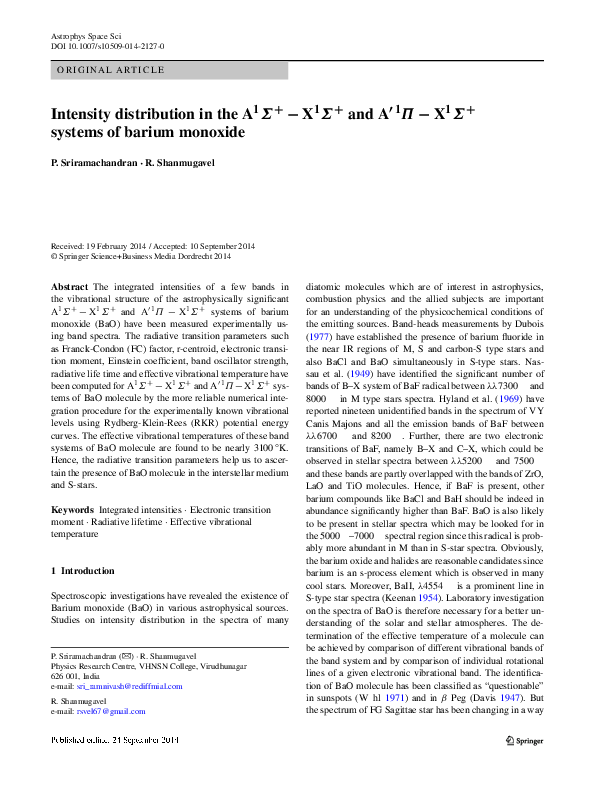 (PDF) Intensity distribution in the A 1 Σ + − X 1 Σ + and A 1 Π − X 1 Σ ...