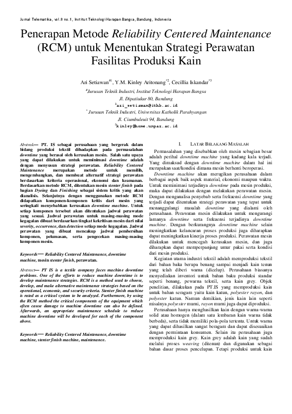 (PDF) Penerapan Metode Reliability Centered Maintenance (RCM) untuk ...