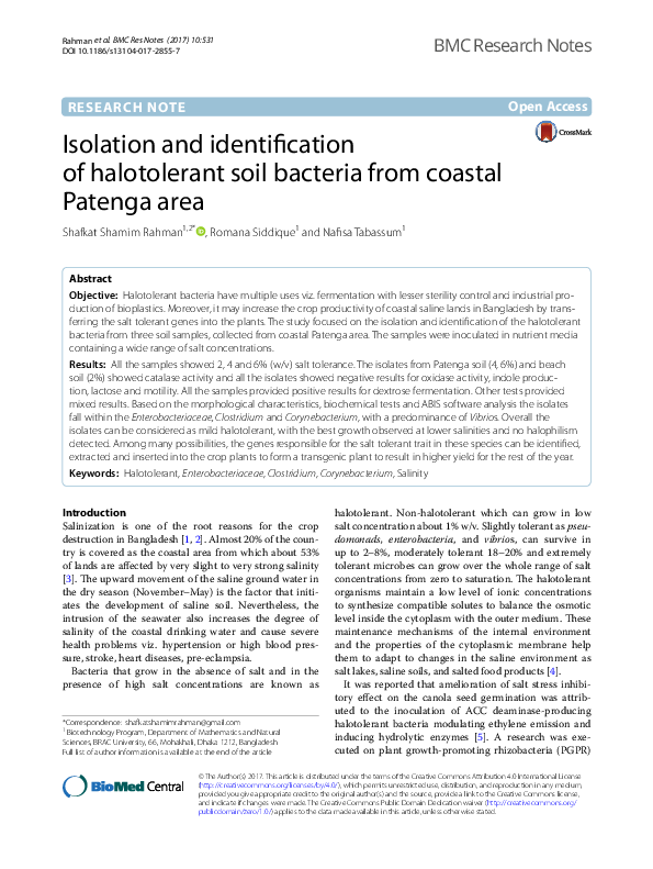 (PDF) Isolation and identification of halotolerant soil bacteria from coastal Patenga area