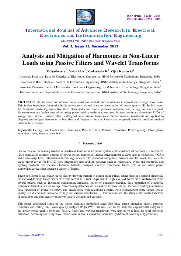 (PDF) Analysis and Mitigation of Harmonics in Non-Linear Loads using Passive Filters and Wavelet ...