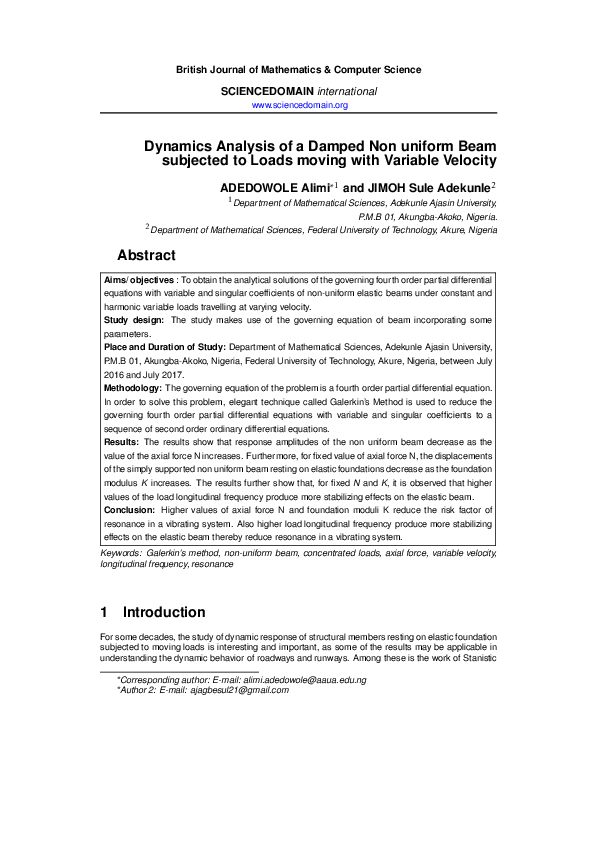 (PDF) Dynamics Analysis of a Damped Non uniform Beam subjected to Loads moving with Variable ...