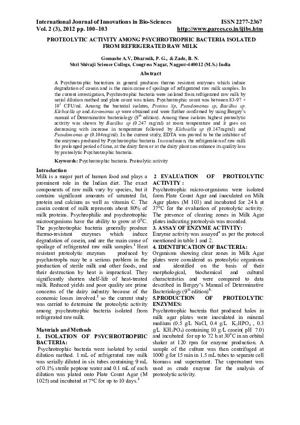 (PDF) PROTEOLYTIC ACTIVITY AMONG PSYCHROTROPHIC BACTERIA ISOLATED FROM ...