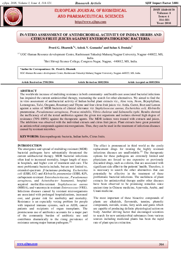 (PDF) IN-VITRO ASSESSMENT OF ANTIMICROBIAL ACTIVITY OF INDIAN HERBS AND ...
