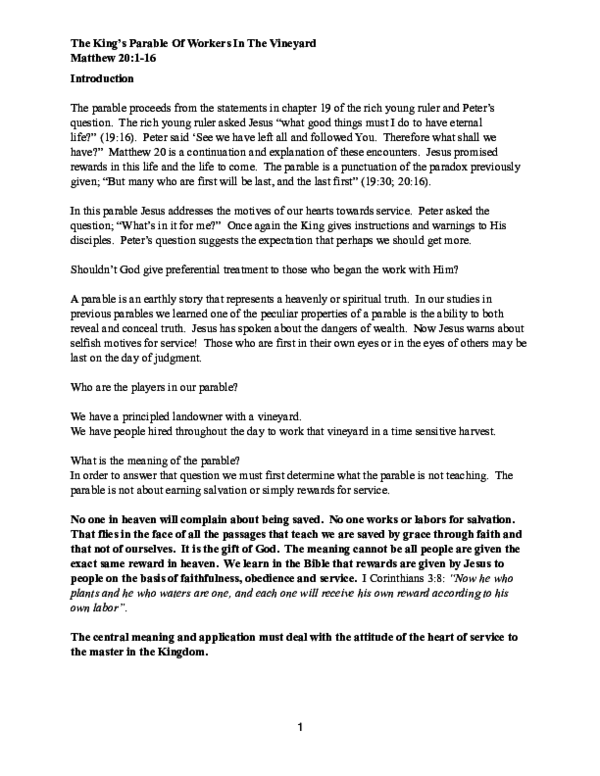 (PDF) The King's Parable Of Workers In The Vineyard Matthew 20:1-16