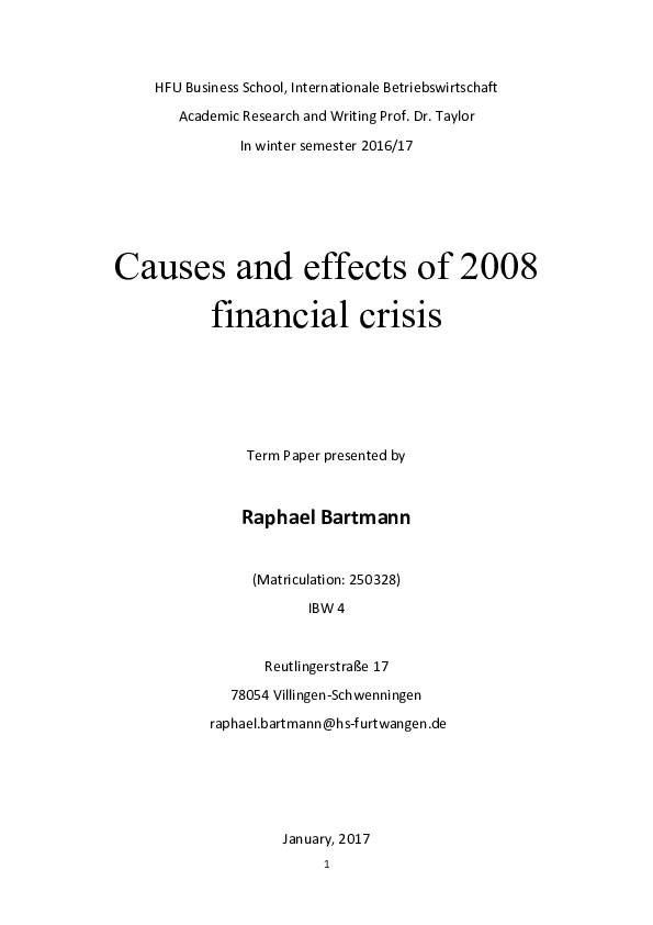(PDF) Causes and effects of 2008 financial crisis