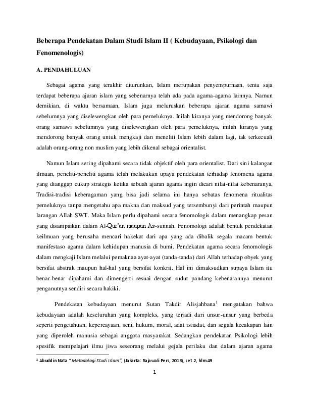 (DOC) Beberapa Pendekatan Dalam Studi Islam II ( Kebudayaan, Psikologi dan Fenomenologis