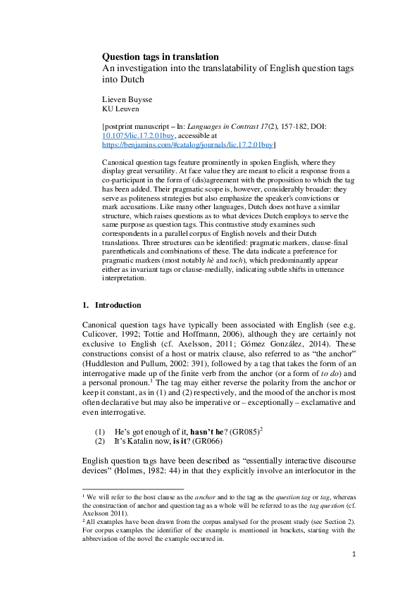 (PDF) Question tags in translation. An investigation into the ...