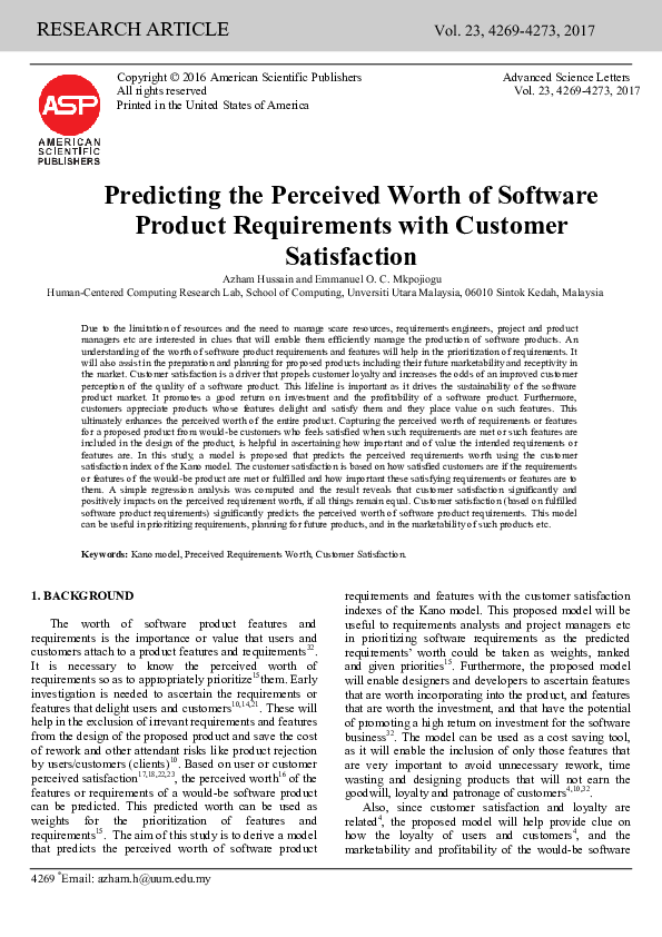 (PDF) Predicting the Perceived Worth of Software Product Requirements with Customer Satisfaction