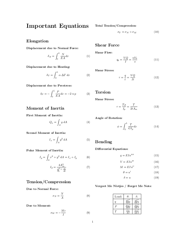 (PDF) Important Equations Elongation Displacement due to Normal Force ...