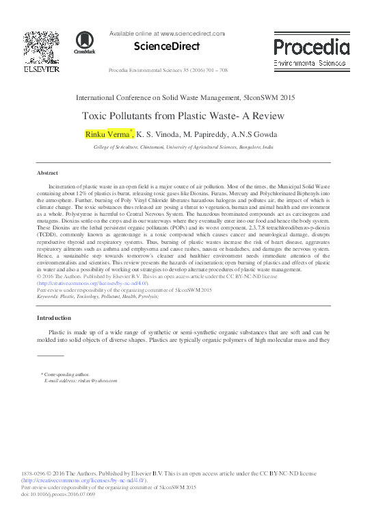 (PDF) Toxic Pollutants from Plastic Waste-A Review