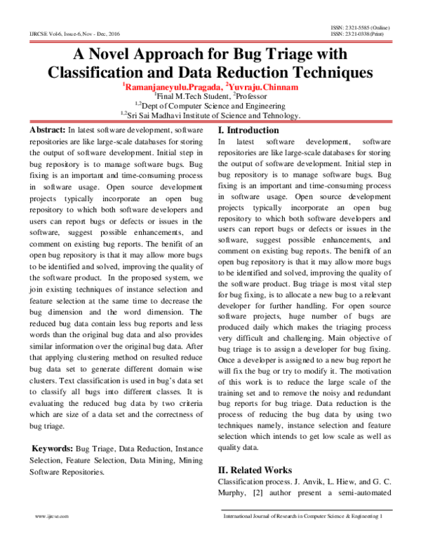 Pdf A Novel Approach For Bug Triage With Classification And Data Reduction Techniques
