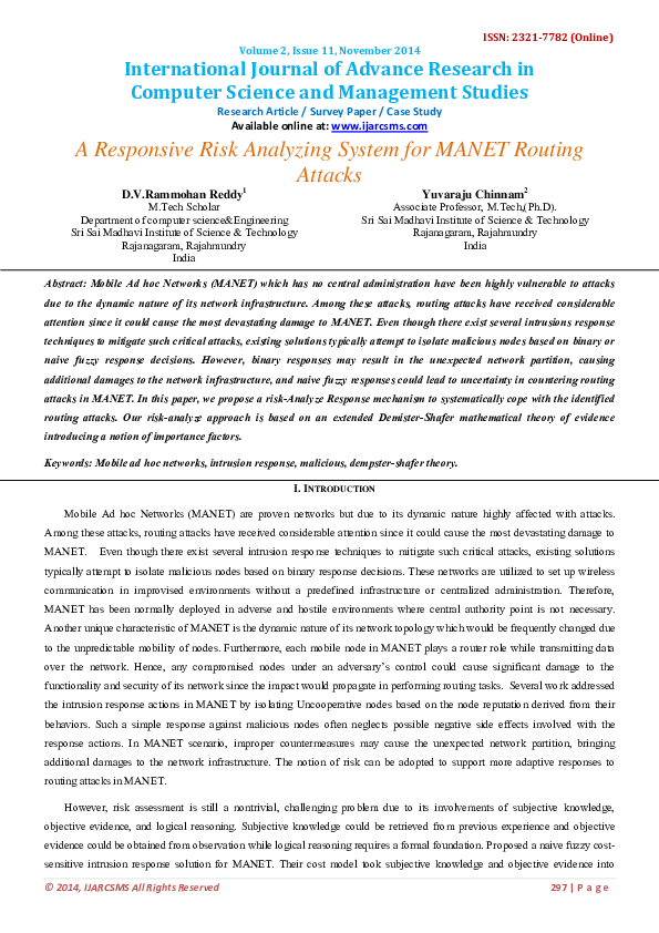 (PDF) Computer Science and Management Studies A Responsive Risk Analyzing System for MANET ...