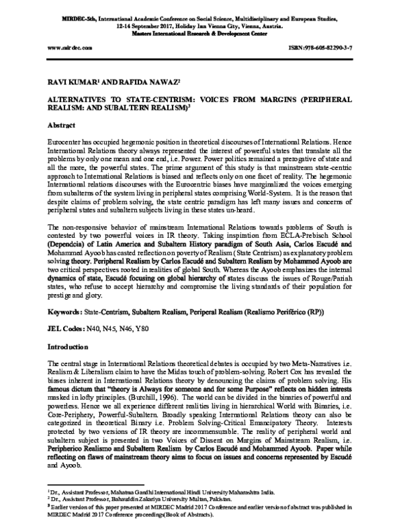 (PDF) RAVI KUMAR 1 AND RAFIDA NAWAZ 2 ALTERNATIVES TO STATE-CENTRISM ...