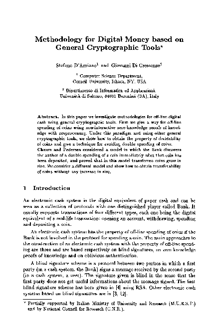 (PDF) Methodology for digital money based on general cryptographic tools