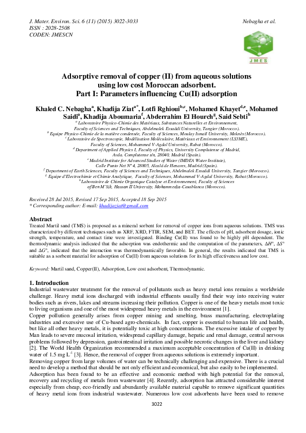 (PDF) Adsorptive removal of copper (II) from aqueous solutions using low cost Moroccan adsorbent ...