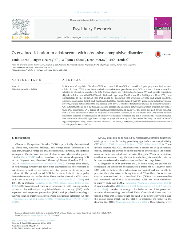 (PDF) Overvalued ideation in adolescents with obsessive-compulsive disorder