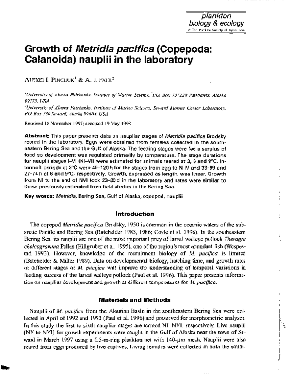 (PDF) Growth of Metridia pacifica (Copepoda: Calanoida) nauplii in the ...