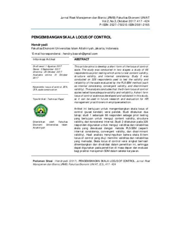 (PDF) PENGEMBANGAN SKALA LOCUS OF CONTROL Hendryadi