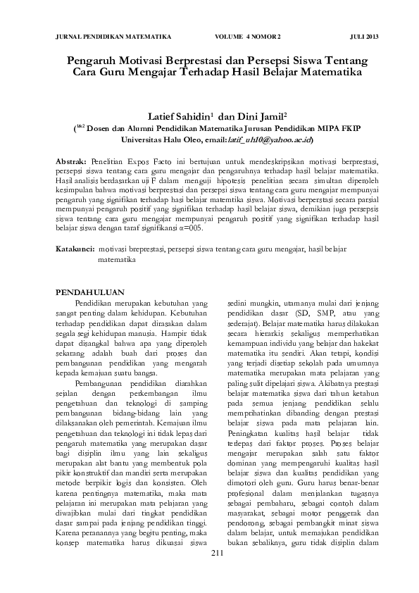 (PDF) Pengaruh Motivasi Berprestasi dan Persepsi Siswa Tentang Cara Guru Mengajar Terhadap Hasil ...