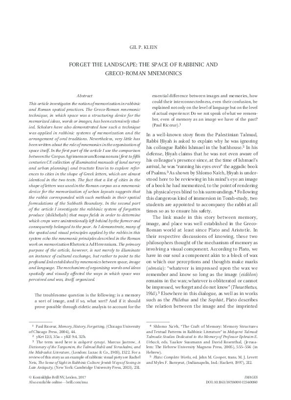 (PDF) Forget the Landscape: The Space of Rabbinic and Greco-Roman Mnemonics