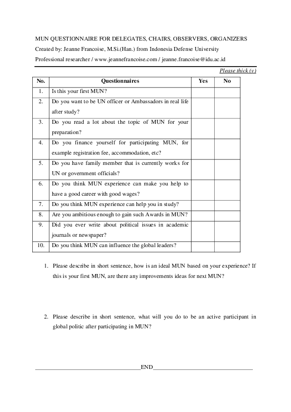(PDF) MUN Questionnaire for Delegates&Chairs of Indonesia MUN 2017