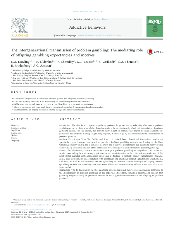 (PDF) The intergenerational transmission of problem gambling: The ...