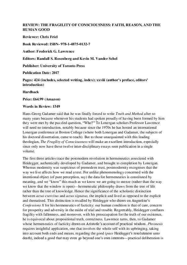 (PDF) Review of Frederick G. Lawrence, The Fragility of Consciousness ...