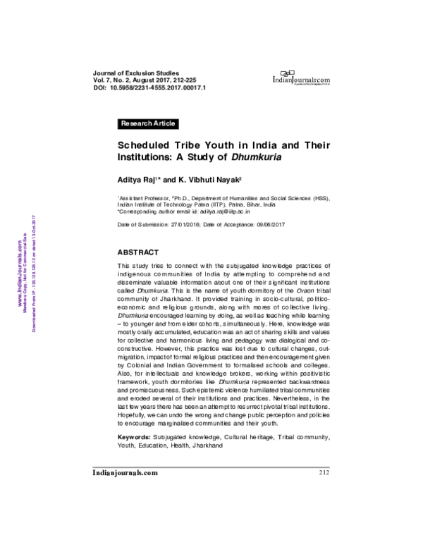 (PDF) Scheduled Tribe Youth in India and Their Institutions: A Study of ...