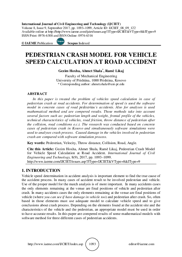 (PDF) PEDESTRIAN CRASH MODEL FOR VEHICLE SPEED CALCULATION AT ROAD ACCIDENT