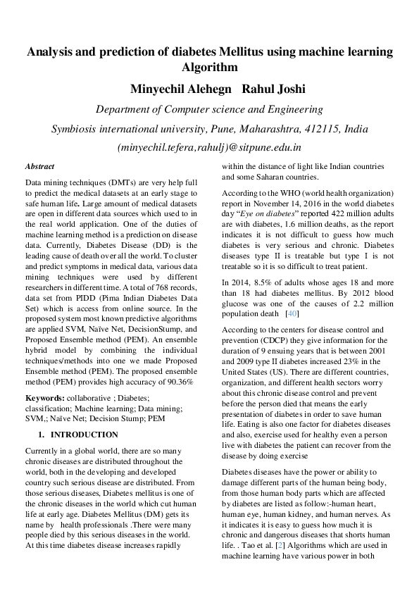 Pdf Analysis And Prediction Of Diabetes Mellitus Using Machine Learning Algorithm