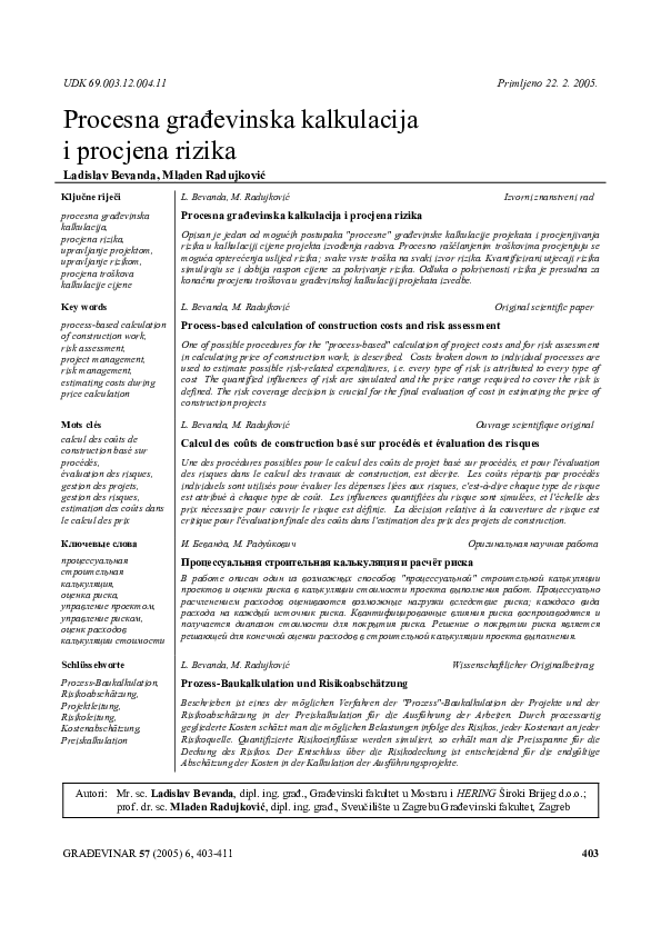(PDF) Procesna građevinska kalkulacija i procjena rizika Procesna ...