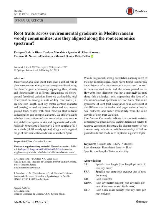 (PDF) Root traits across environmental gradients in Mediterranean woody ...