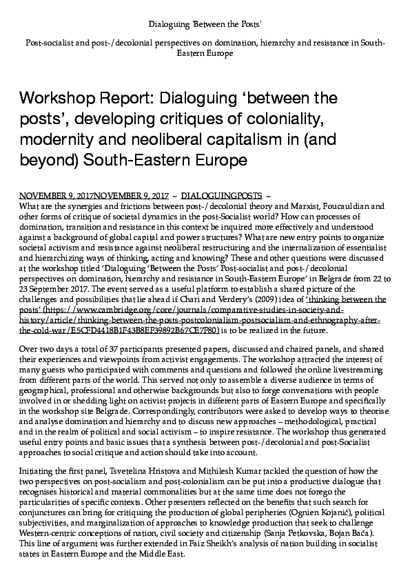 (PDF) Workshop Report: Dialoguing ‘between the posts’, developing ...